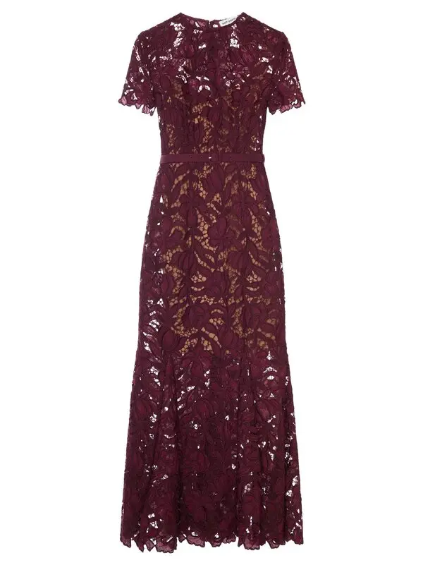 SELF-PORTRAIT Belted Lace Midi Dress - Red