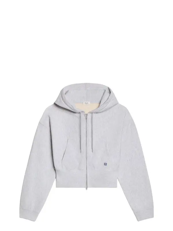 Celine Cropped Cotton Fleece Hoodie With Triumphal Embroidery - Light Gray