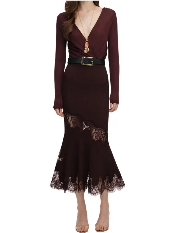 SELF-PORTRAIT Ribbed Knit Midi Skirt With Lace Inserts - Brown