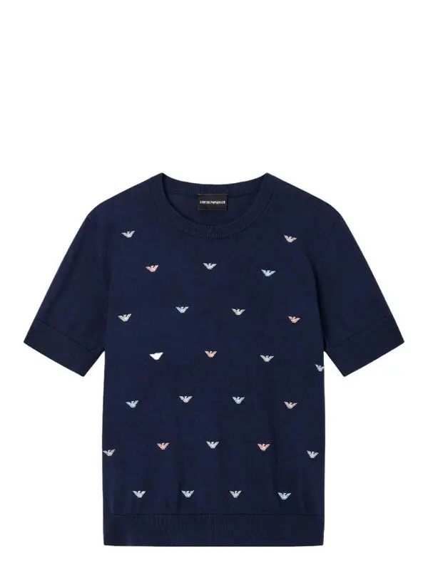 Emporio Armani Short Sleeve Jumper With Micro Eagle Embroidery - Blue