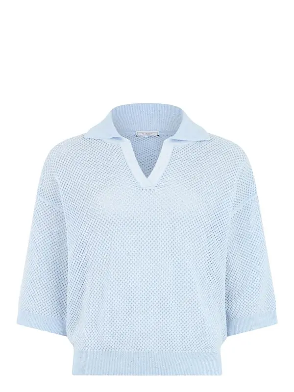 Peserico Open-knit Polo Sweater With V-neck And Three-quarter Sleeves - Blue