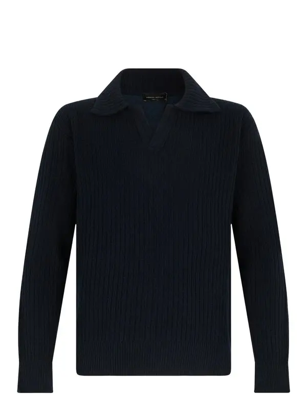 ROBERTO COLLINA Ribbed Polo Collar Knitted Sweater - Black