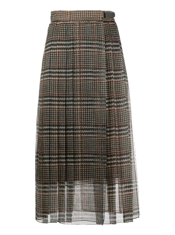 Brunello Cucinelli Pleated Checked Midi Skirt - Black