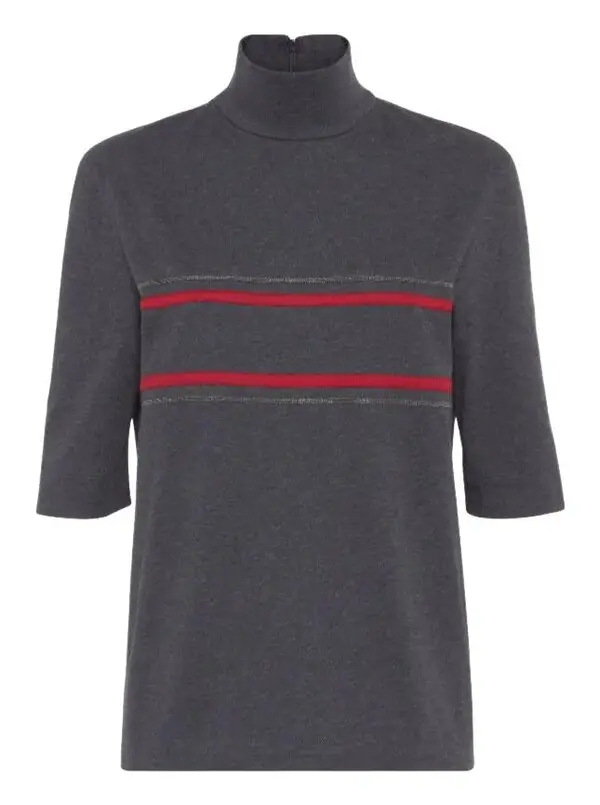 Brunello Cucinelli High Neck Striped Cotton Top - Anthracite