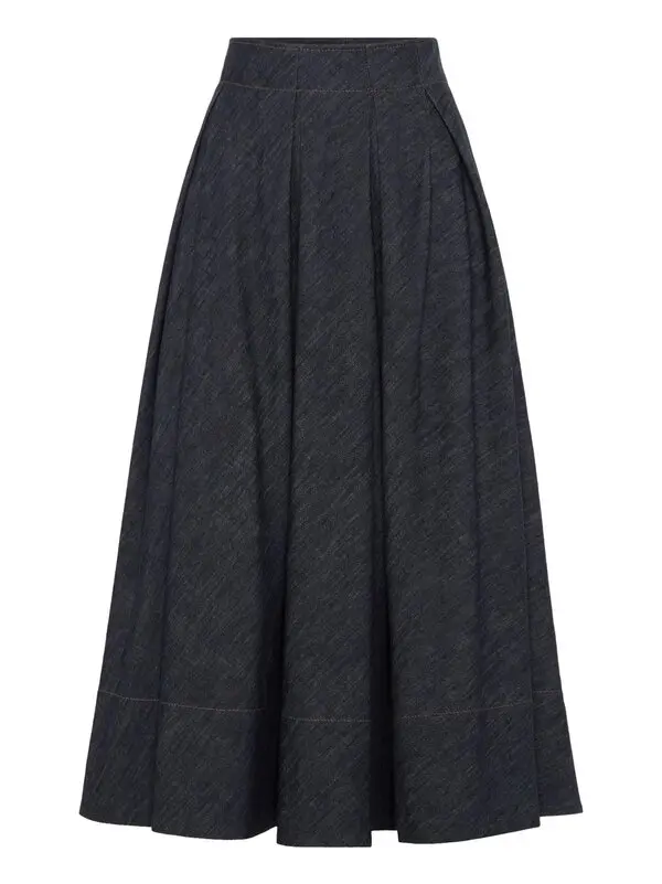 Brunello Cucinelli Pleated Denim Midi Skirt - Dark Denim
