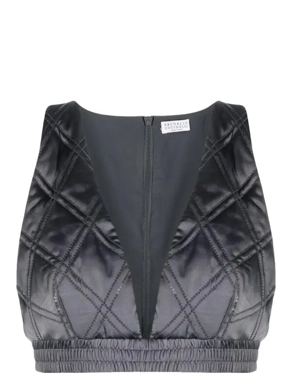 Brunello Cucinelli Quilted V-neck Cropped Top - Black