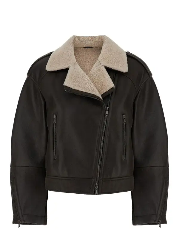 Brunello Cucinelli Shearling Collar Cropped Biker Jacket - Chocolate-colored