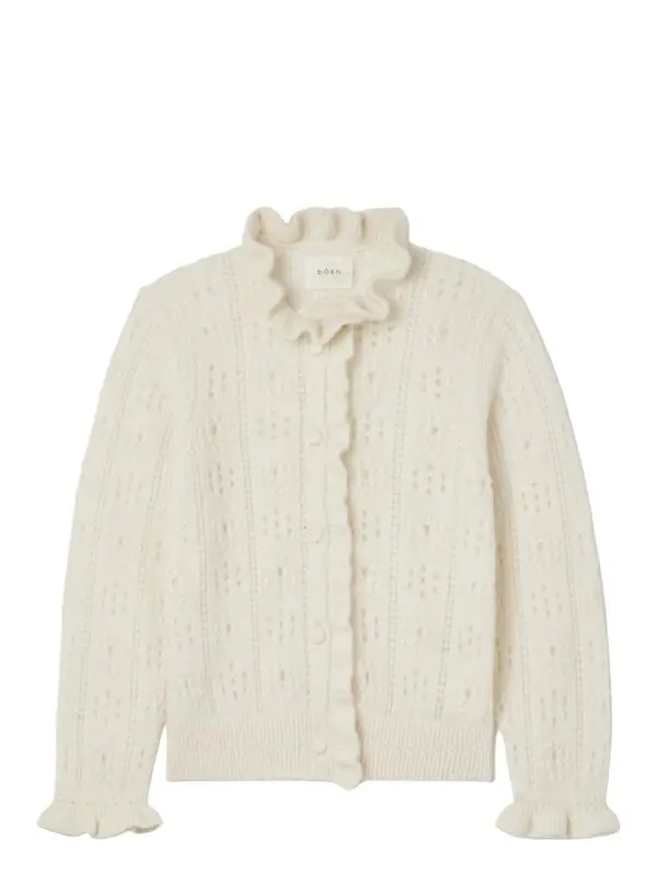DÔEN Long Sleeve Cardigan With Ruffle Trim - Ivory