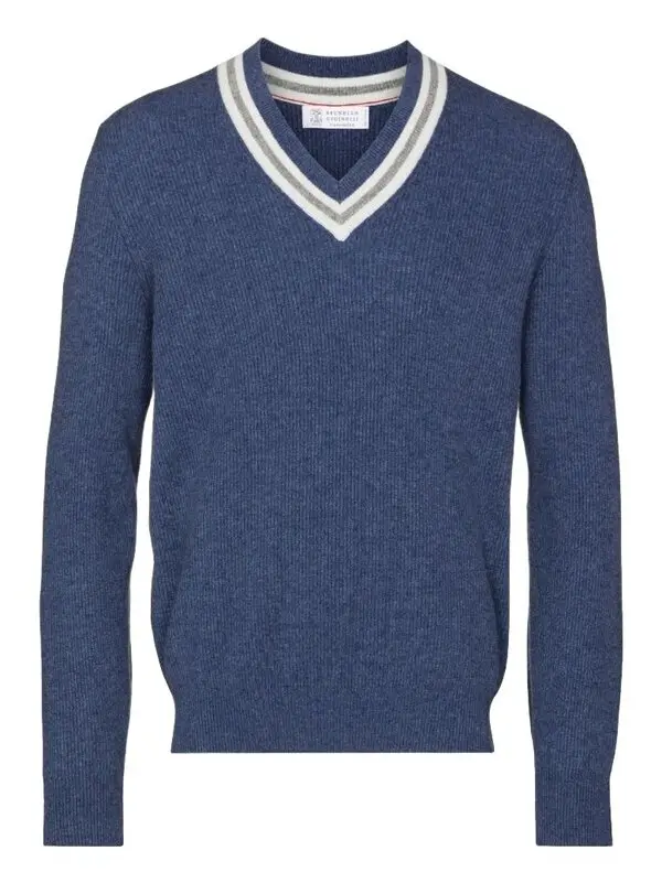 Brunello Cucinelli V-neck Cashmere Jumper With Striped Trim - Blue