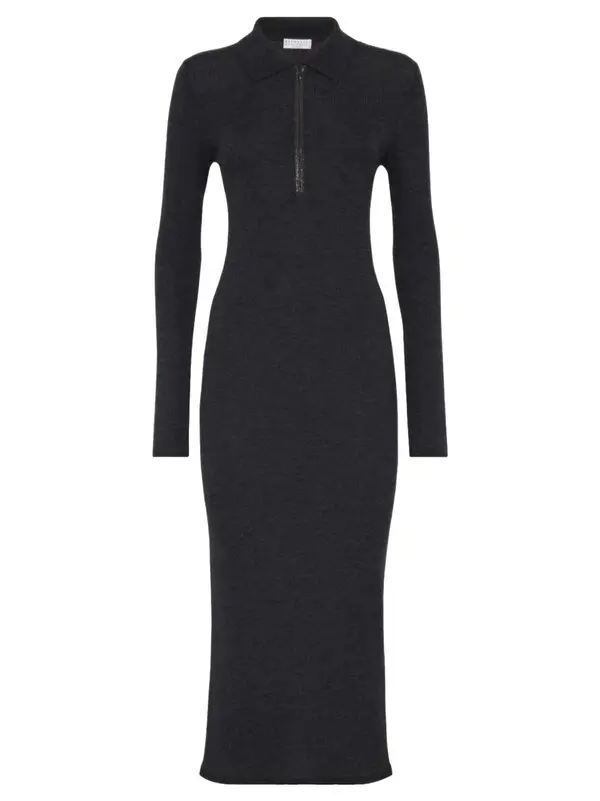 Brunello Cucinelli Monili-trim Ribbed Midi Dress - Black