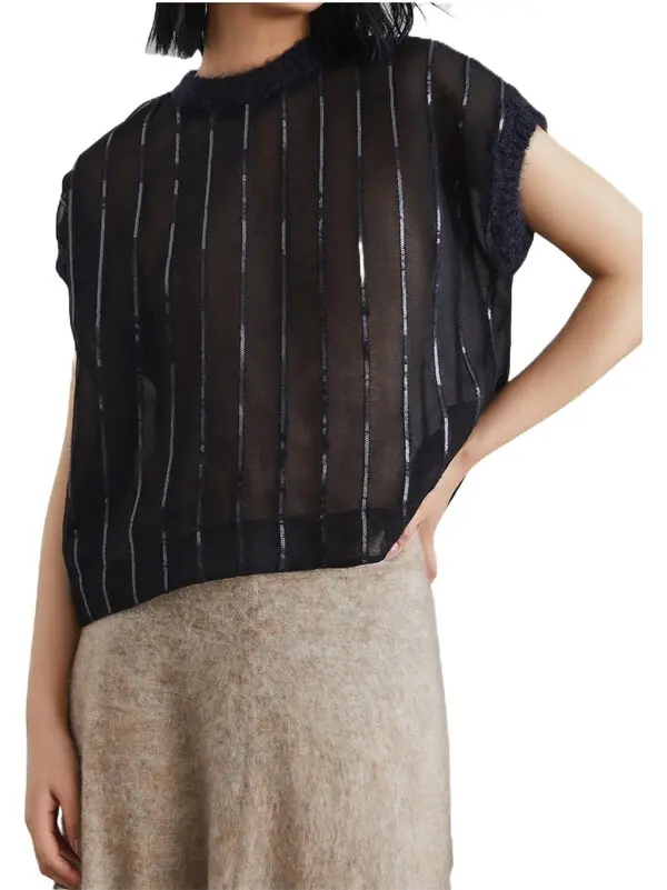 Brunello Cucinelli Sequin Embellished Striped Silk T-shirt - Black