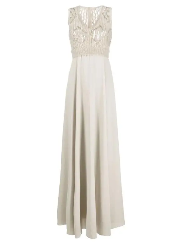 Brunello Cucinelli Sleeveless V-neck Gown With Sequins Embellishment - White