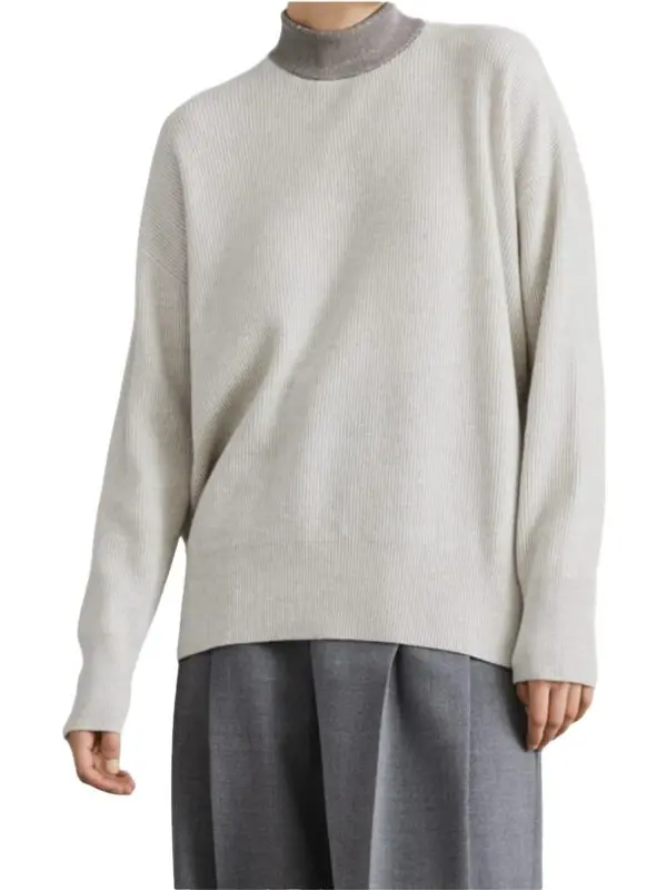 Brunello Cucinelli Mock Neck Long Sleeve Knitted Jumper - Pearl Grey