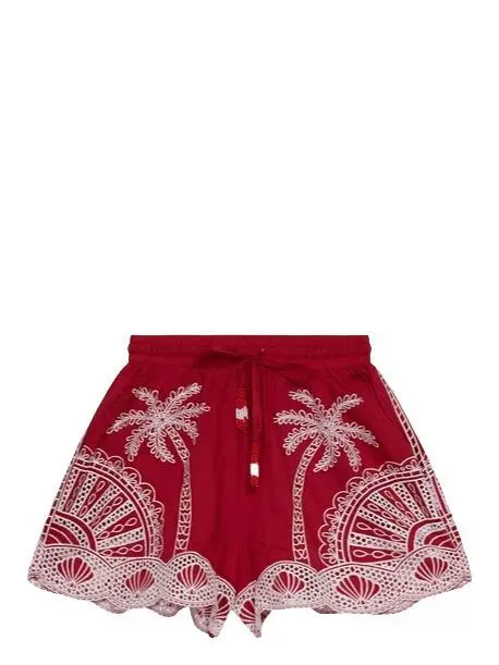 Farm Rio Embroidered Palm Tree Shorts - Red