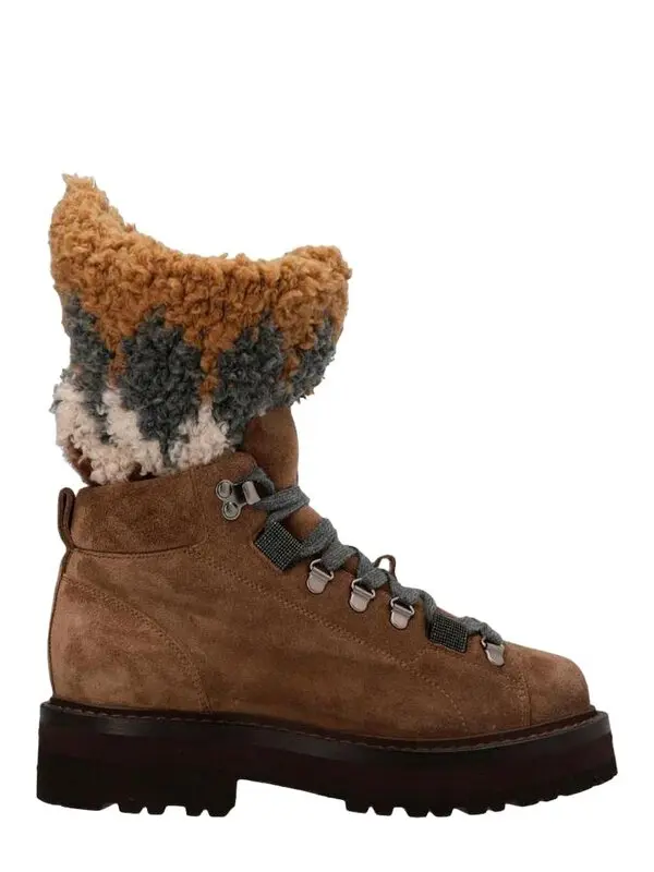 Brunello Cucinelli Lace-up Ankle Boots With Knitted Detailing - Brown