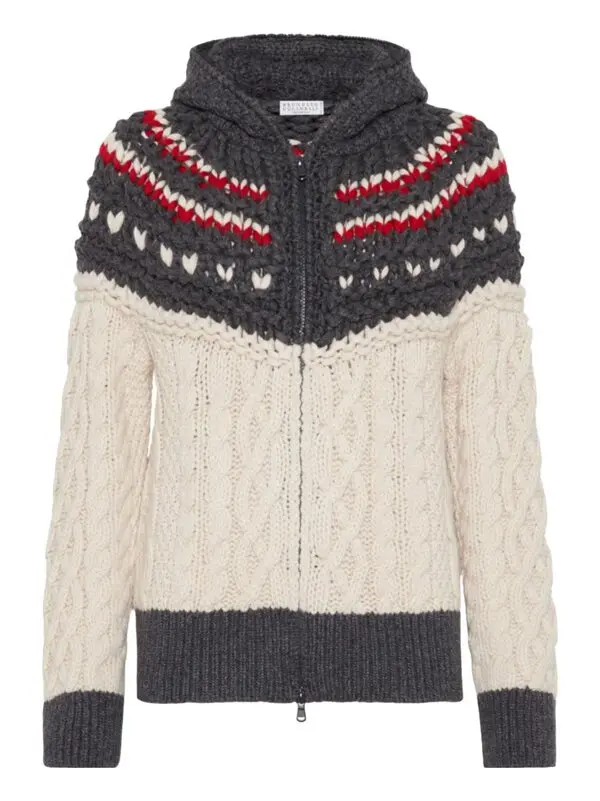 Brunello Cucinelli Hooded Cashmere Cardigan - White/gray/red