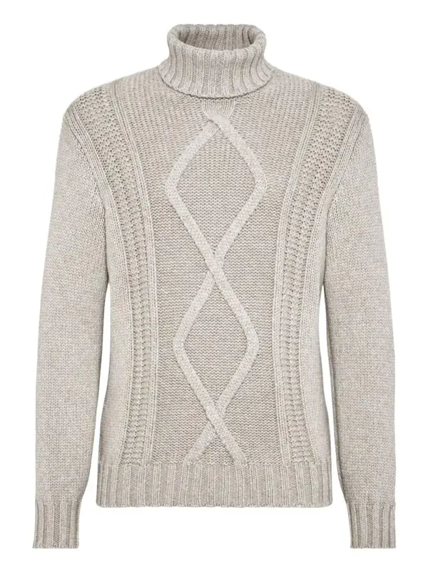 Brunello Cucinelli Cashmere Cable Knit Turtleneck Sweater - Light Gray