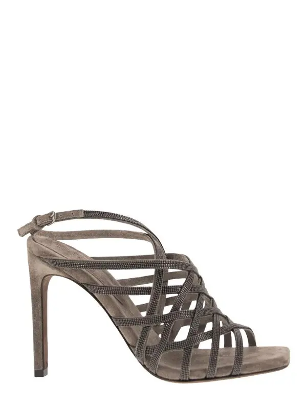 Brunello Cucinelli Crossover Strap Embellished High Heel Sandals - Gray