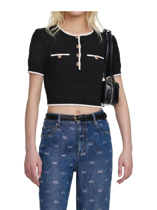 SELF-PORTRAIT Pointelle Button Knitted Top - Black