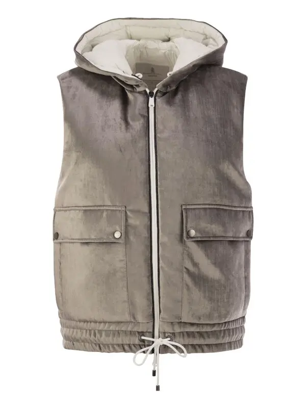 Brunello Cucinelli Sleeveless Hooded Velvet Zip-up Jacket With Drawstring Hem - Gray