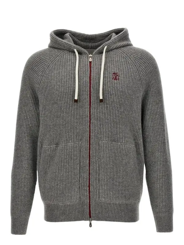 Brunello Cucinelli Logo Embroidered Zip-up Cardigan - Grey