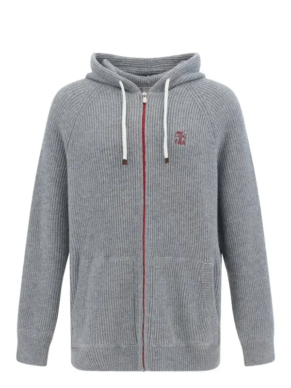 Brunello Cucinelli Logo Embroidered Zip-up Cardigan - Grey