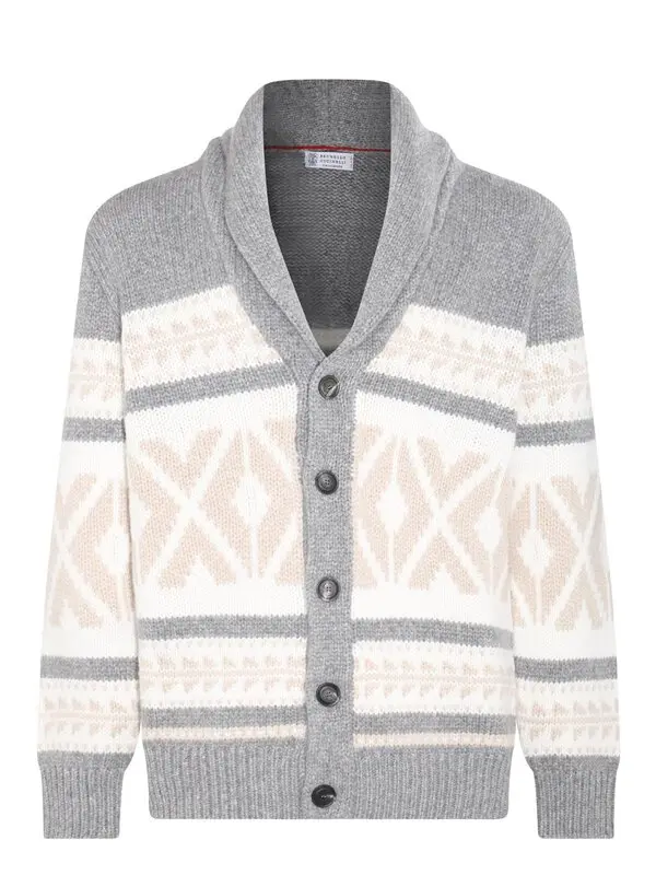 Brunello Cucinelli Pattern-intarsia Knitted Cashmere Cardigan - Gray