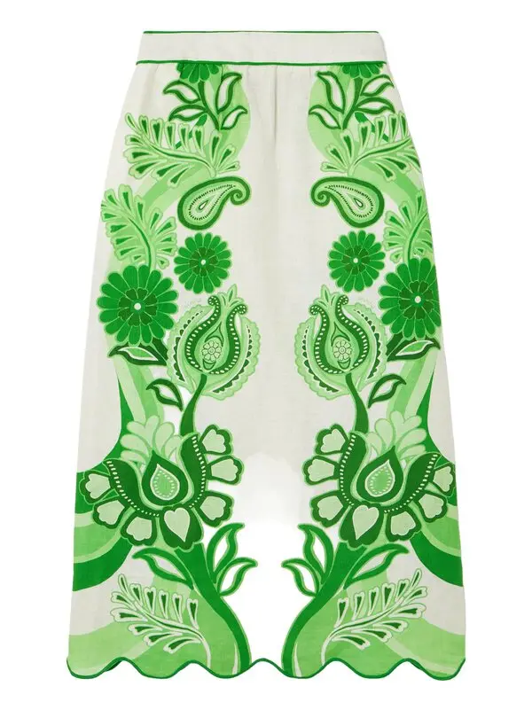 Farm Rio High Waisted Straight Silhouette Skirt With Scalloped Hem - Green