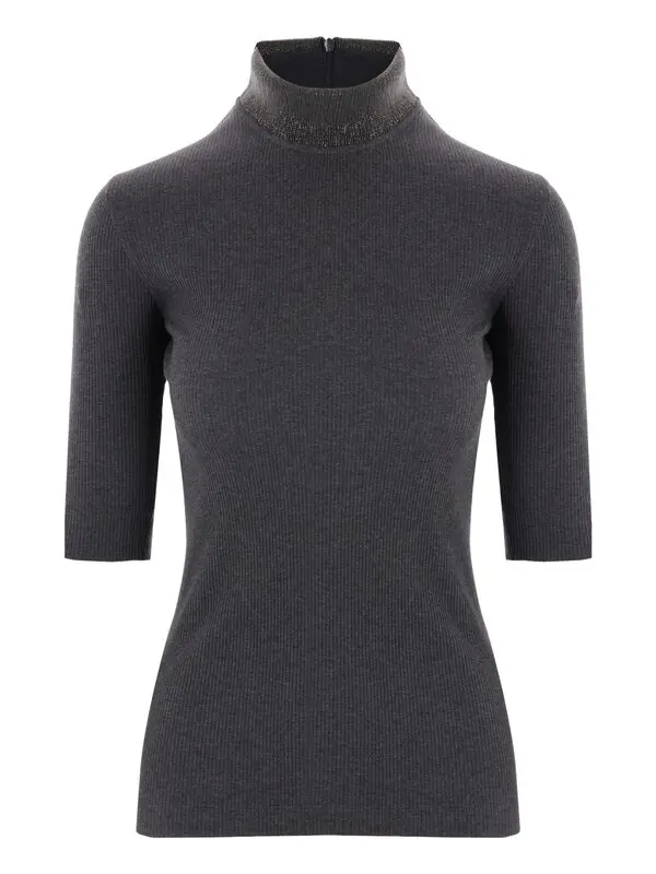 Brunello Cucinelli Monili Detailed Mock Neck Ribbed Top - Anthracite
