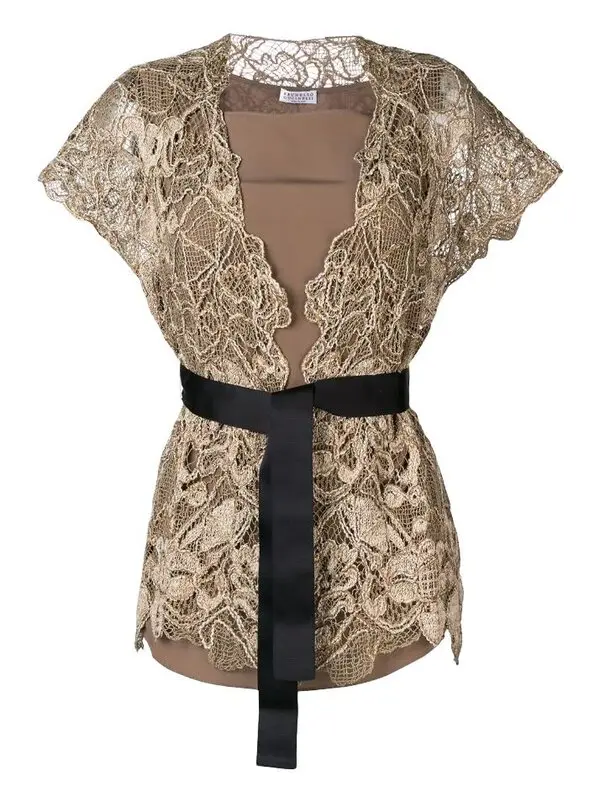 Brunello Cucinelli Belted Lace Blouse With Short Sleeves - Nude