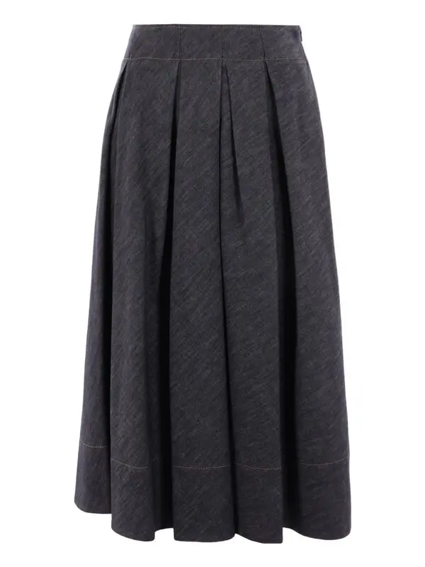 Brunello Cucinelli Pleated Denim Midi Skirt - Dark Blue