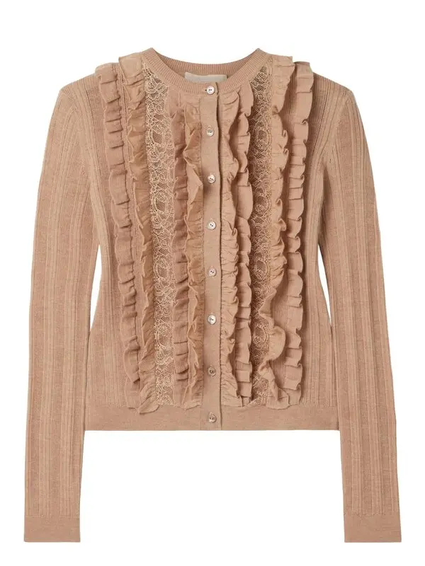 Ulla Johnson Maryel Lace-trimmed Ruffled Ribbed Merino Wool Cardigan - Beige