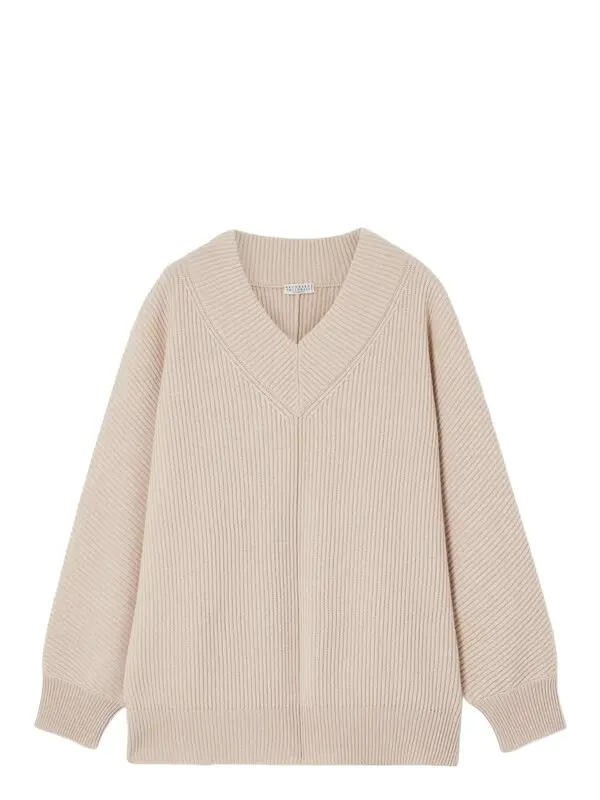 Brunello Cucinelli Long Sleeve V-neck Ribbed Sweater - Nude