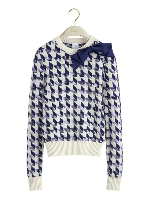 Dior Cropped Knit Sweater With Satin Bow Detail - Navy Blue And White