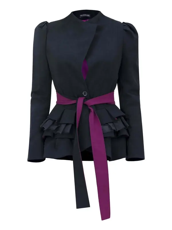 TIA DORRAINE Padded Peplum Blazer With Tiered Ruffles - Black/purple