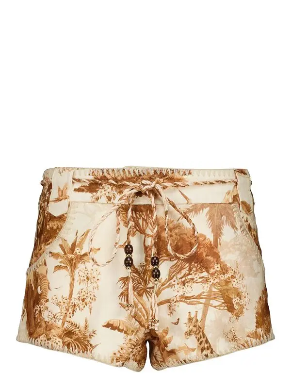 Zimmermann Linen Shorts With Tropical Print And Drawstring Waist - Brown