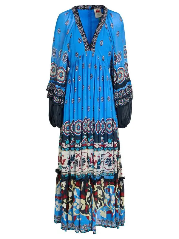 Farm Rio Gathered Printed Georgette Maxi Dress - Azure