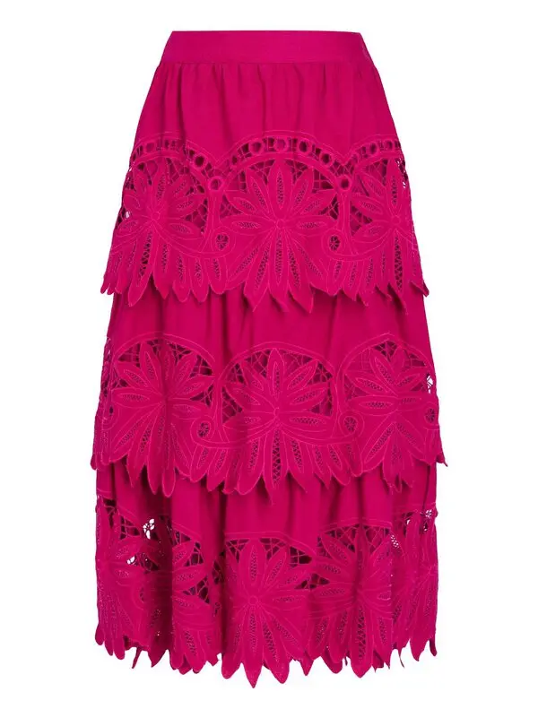 Farm Rio Tiered Broderie Anglaise Cotton And Linen-blend Midi Skirt - Fuchsia