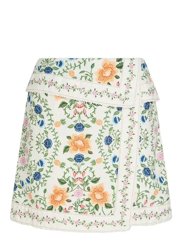 Farm Rio Floral-print Cotton Twill Wrap Mini Skirt - Off-white
