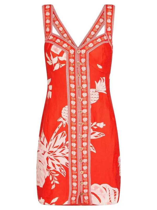 Farm Rio Floral Print Linen Mini Dress - Tomato Red