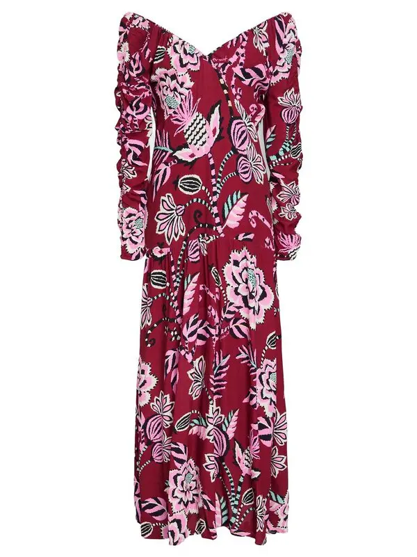 Farm Rio Floral Print Ruched Crepe Midi Dress - Claret