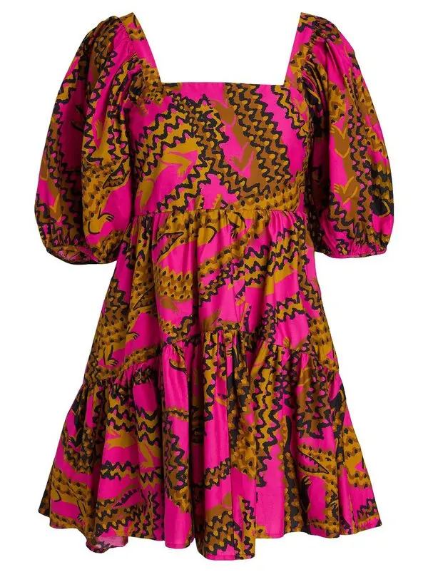 Farm Rio Tiered Printed Cotton-poplin Mini Dress - Fuchsia