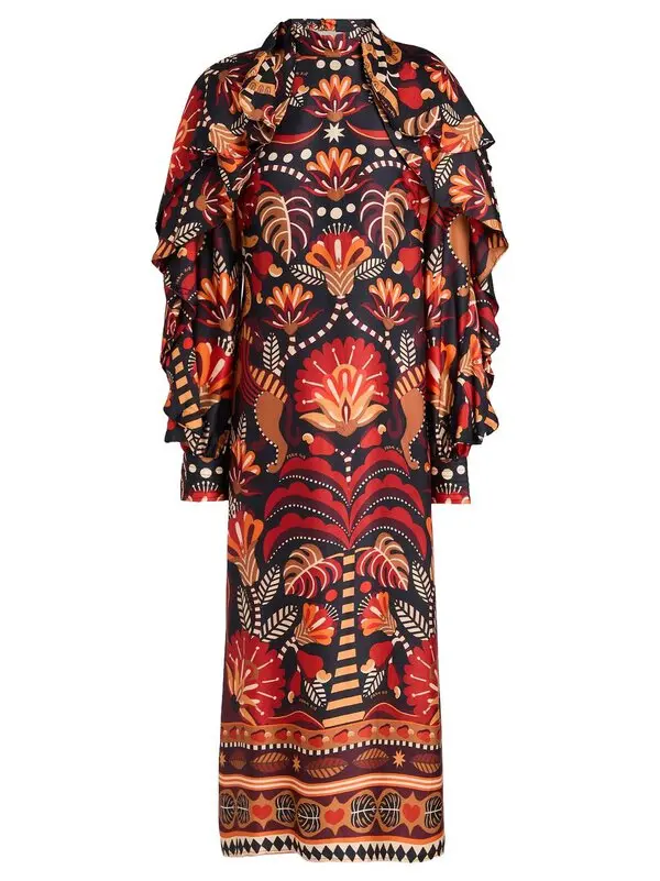 Farm Rio Ruffled Printed Satin Midi Dress - Black