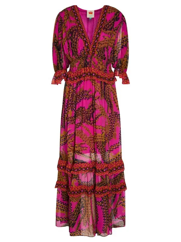 Farm Rio Ruffled Printed Georgette Maxi Dress - Fuchsia