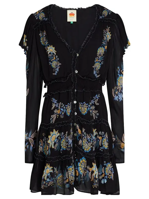 Farm Rio Ruffled Floral Print Crepe Mini Dress - Black