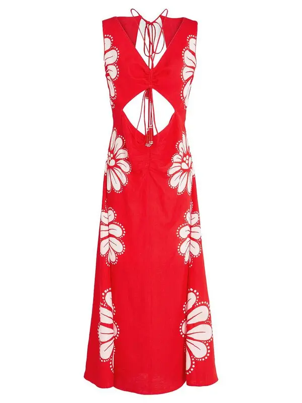 Farm Rio Cutout Floral-print Linen-blend Midi Dress - Red