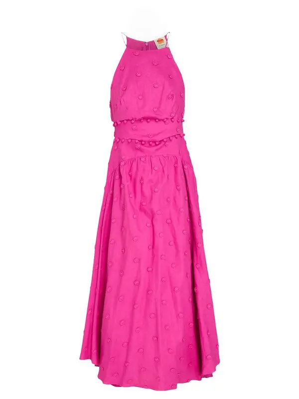 Farm Rio Floral Appliqué Linen-blend Midi Dress - Fuchsia