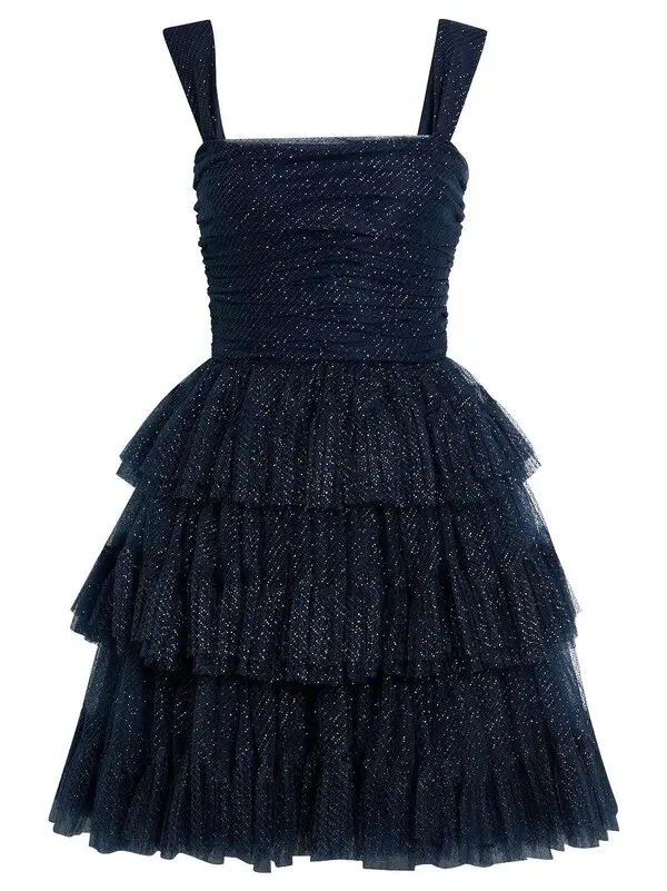 Jenny Packham Tiered Glittered Tulle Mini Dress - Navy