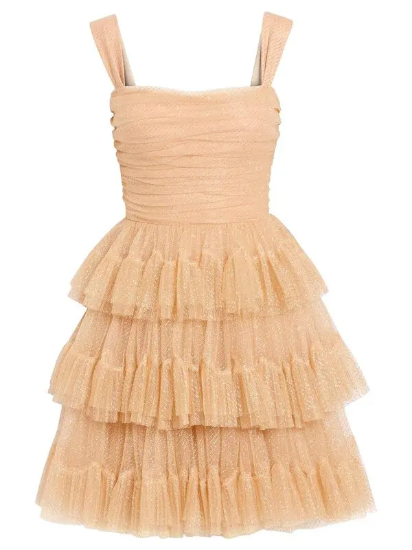 Jenny Packham Tiered Glittered Tulle Mini Dress - Pastel Orange