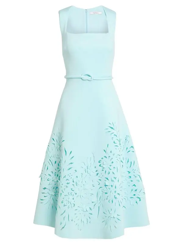 Badgley Mischka Scuba Midi Dress With Laser-cut Floral Appliqués - Sky Blue